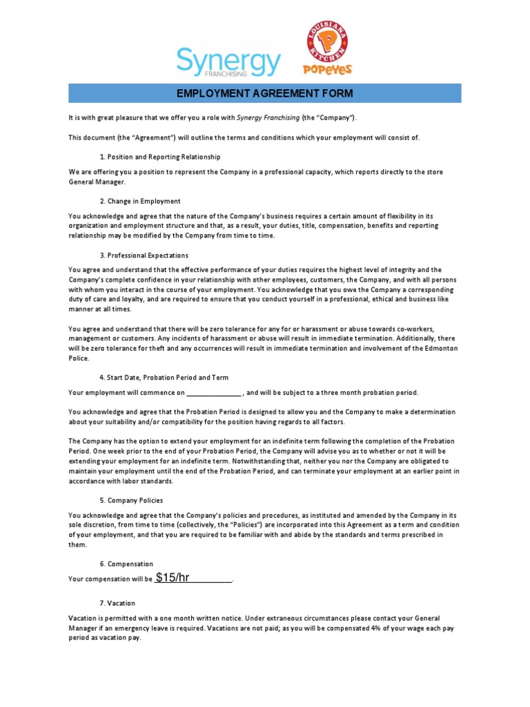 Popeyes Employment Agreement Form | PDF | Employment | Property