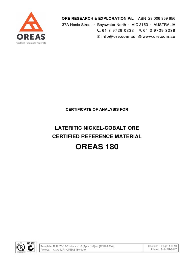 OREAS 180 Certificate | PDF | Outlier | Standard Deviation
