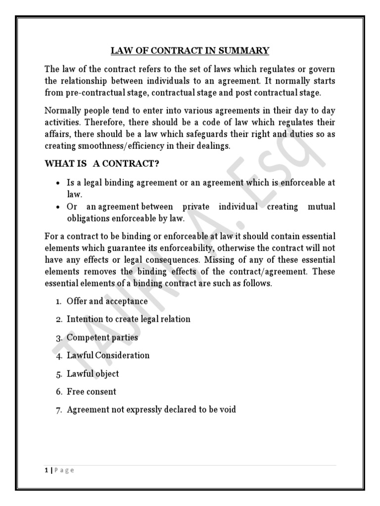 Law of Contract Summary | PDF | Offer And Acceptance | Consideration