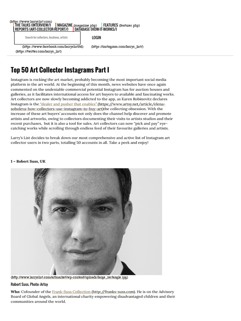 Top 50 Art Collector Instagrams Part I Larrys List Art Collector Interviews and Art Collector ...