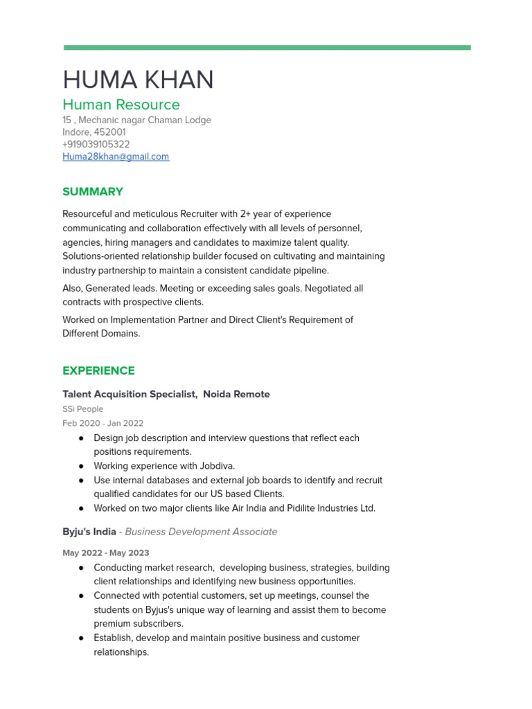 Huma Khan: Human Resource | PDF | Recruitment | Sales