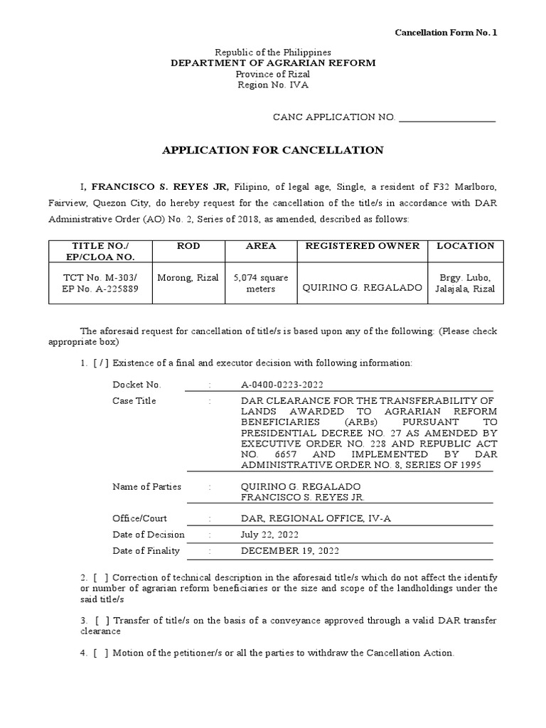 Application For Cancellation Dar Quirino G. Regalado | PDF | Common Law ...