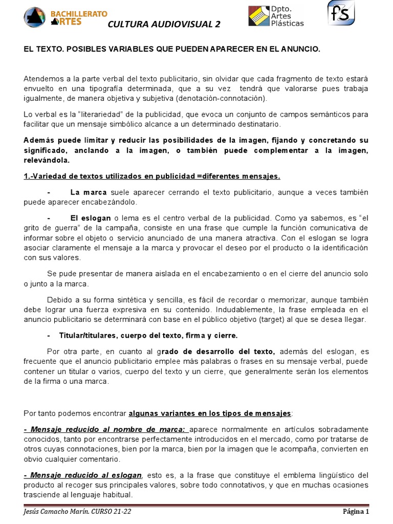 Texto. Posibles Variables Que Pueden Aparecer en El Anuncio. | PDF ...