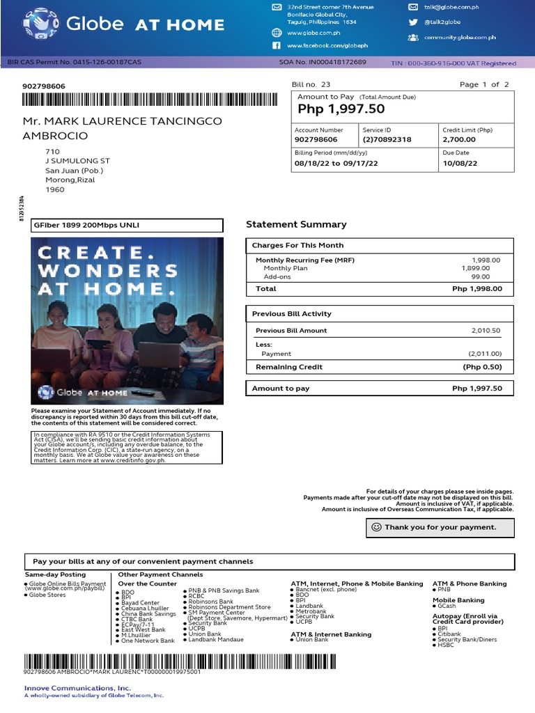 Globe Bill September | PDF | Banks | Payments