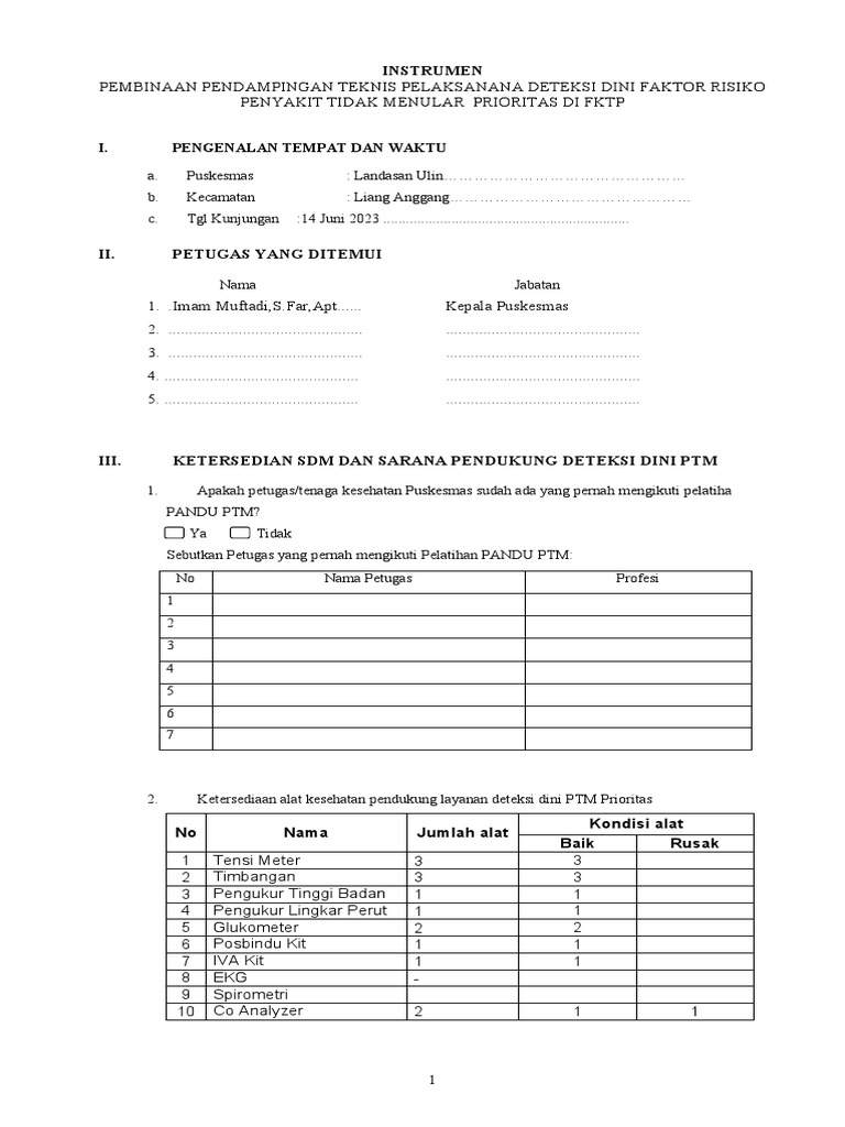 Instrumen Pembinaan Dan Pendampingan Pelayanan Deteksi Dini PTM Prioritas Di FKTP | PDF