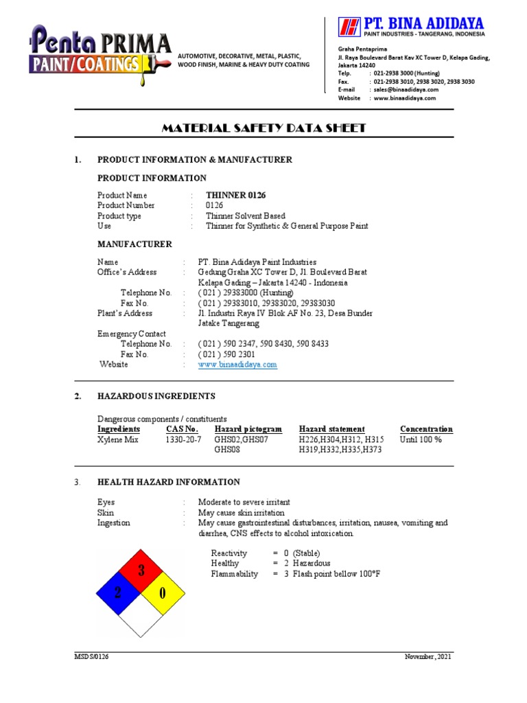 0126 MSDS Thinner 2021 | PDF | Dangerous Goods | Waste Management