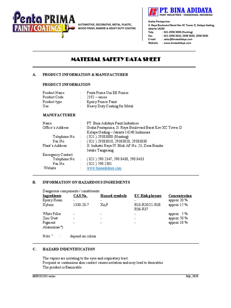 Penta Prima Uni EE Primer MSDS | PDF | Water | Chemical Substances