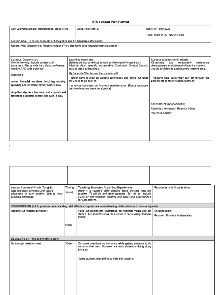 Year 9 Lesson Plan Mathletics Financial Maths | Download Free PDF ...