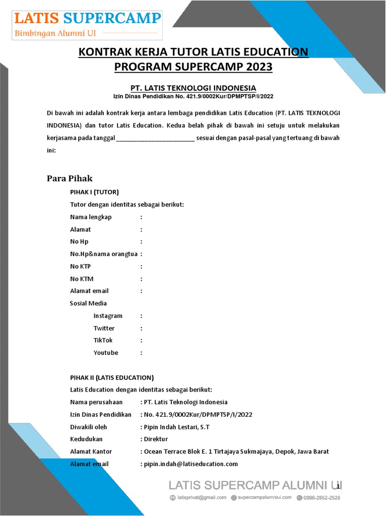 Kontrak Tutor Program Karantina Supercamp Latis Education 2023 | PDF