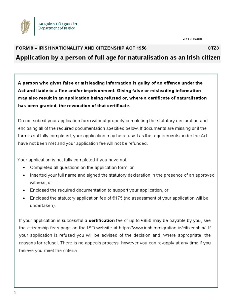 Form 8: Irish Citizenship Application Guide | PDF | Affidavit | Notary ...