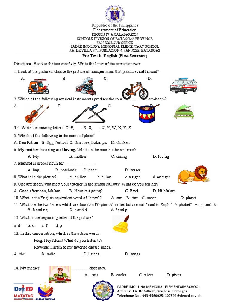 English Pre-Test for Elementary Students | PDF