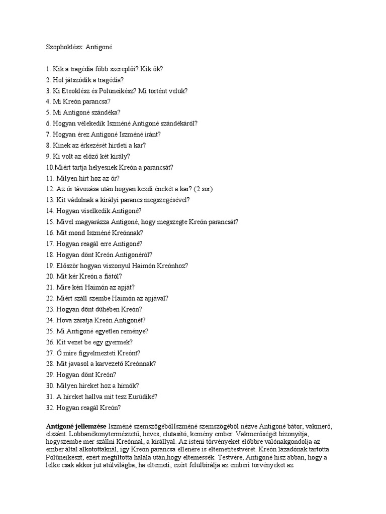 Szophoklész Antig. Kérdések | PDF