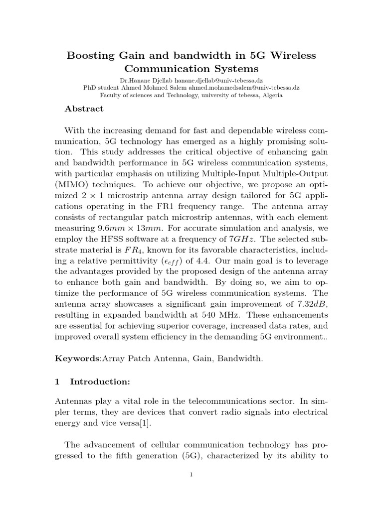 Boosting Gain and Bandwidth in 5G Wireless Communication Systems | PDF | Antenna (Radio) | Mimo