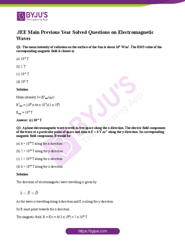 JEE Main Electromagnetic Waves Previous Year Questions With Solutions PDF | PDF | Waves | Wavelength