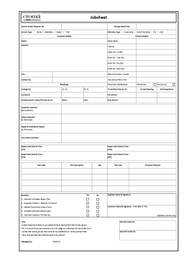 Job Sheet - Croma - V1.0 20230605110142 | PDF