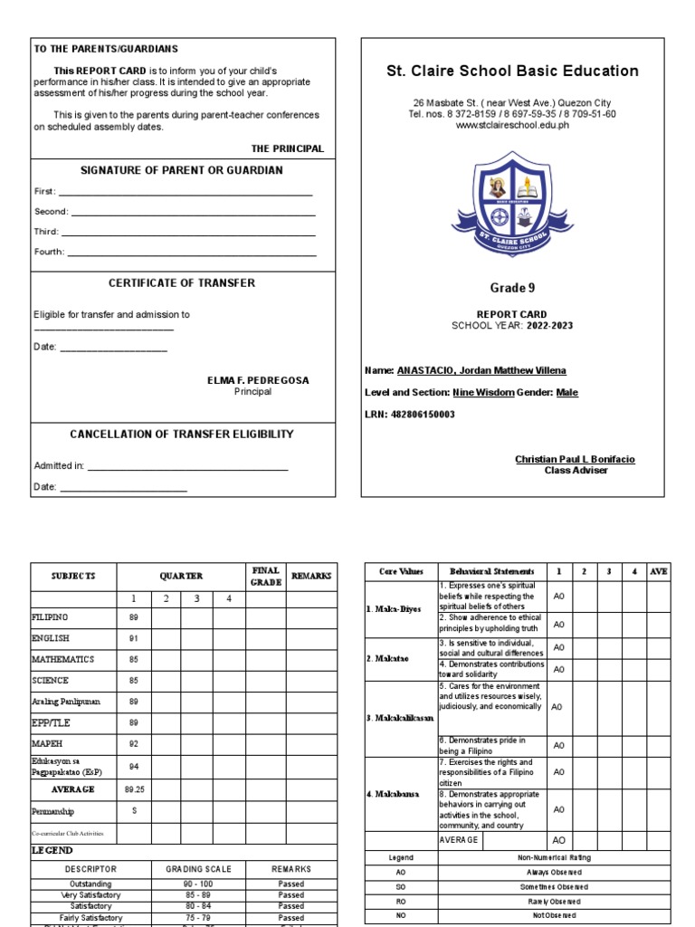 Grade 9 Report Card for Jordan Villena | PDF