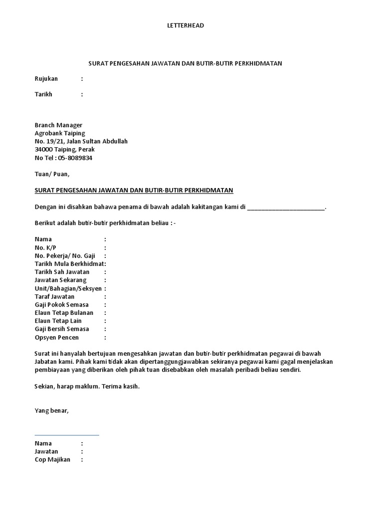 Surat Pengesahan Jawatan Dan Butir | PDF