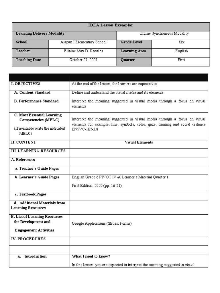 Lesson Exemplar English 6 Quarter 1 | PDF | Learning | Symbols