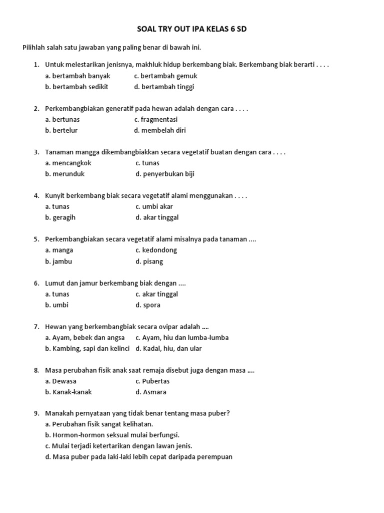 Soal Try Out IPA Kelas 6 SD | PDF | Sains & Matematika