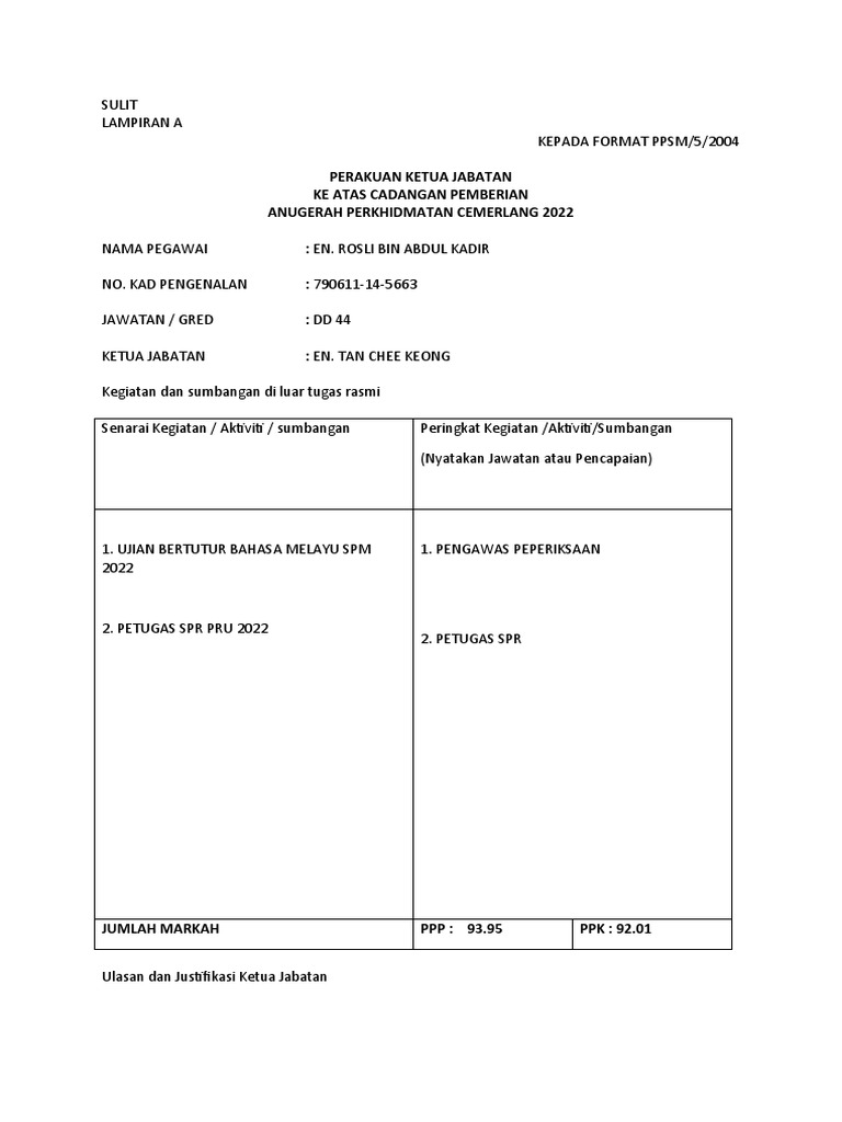 Borang Perakuan Ketua Jabatan Ke Atas Cadangan Pemberian Apc Rosli Pdf