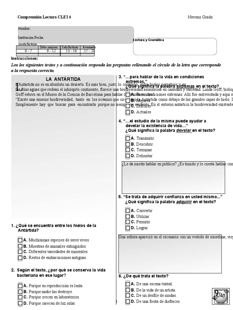 Prueba Diagnóstica 9 Español (2011) | PDF | Antártida
