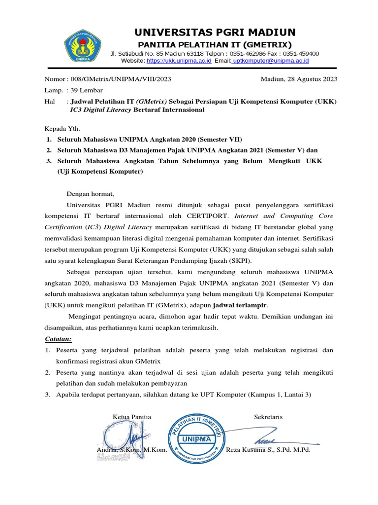 Jadwal Pelatihan Gmetrix 3 | PDF