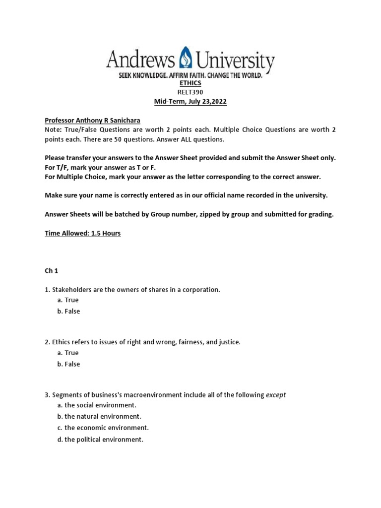 Ethics Mid-Term Exam Overview | PDF