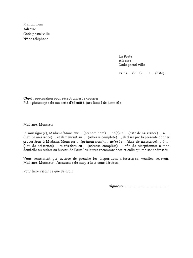 Modele de Lettre de Procuration Pour Retirer Du Courrier A La Poste | PDF