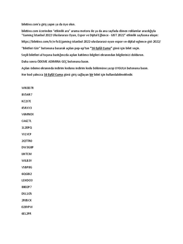 Gist Cuma Gunu Ucretsiz Bilet Kodlar | PDF