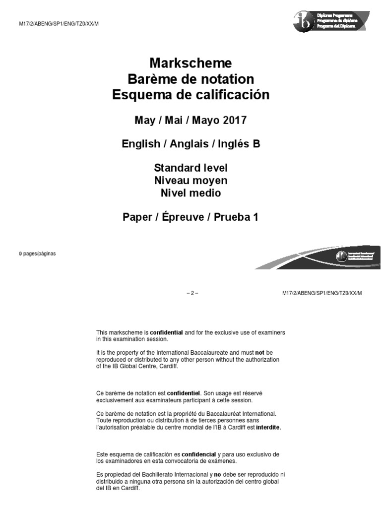 English B Paper 1 SL Markscheme | PDF