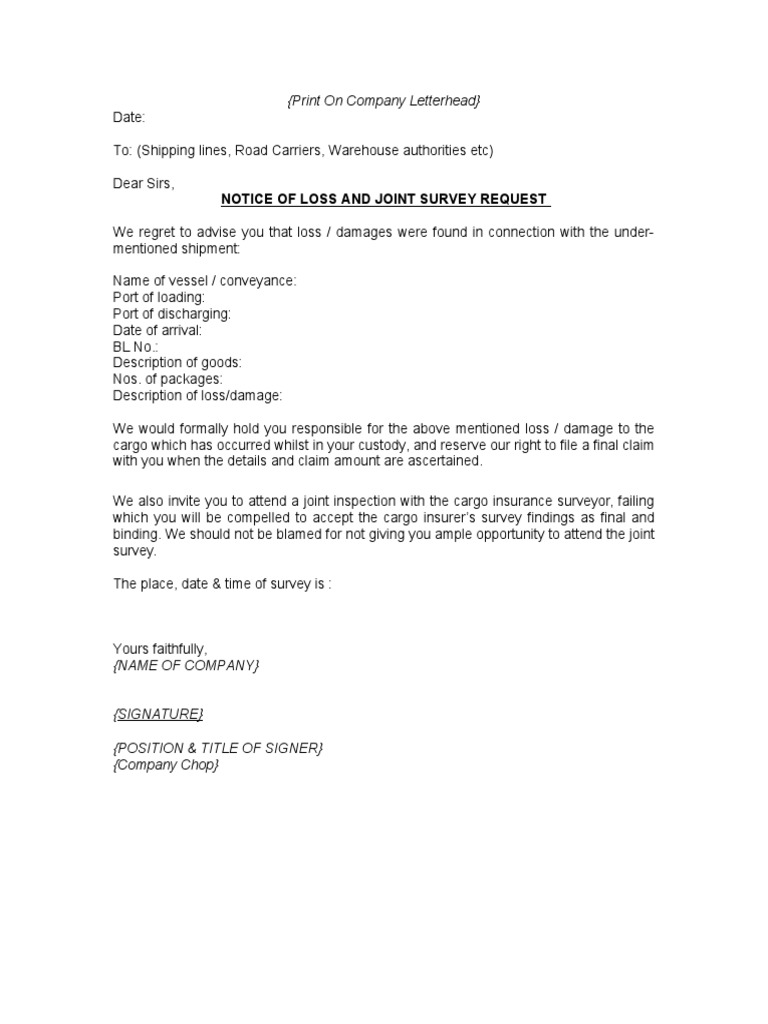 Notice of Loss Sea Cargo | PDF