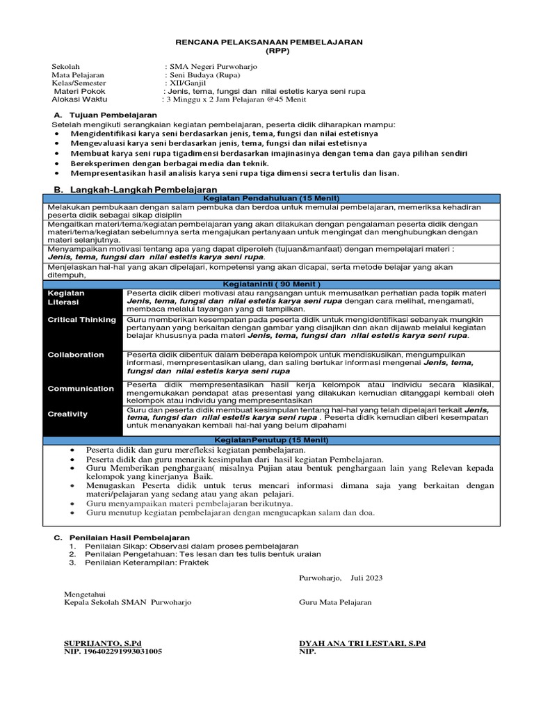 RPP Seni Budaya KLS Xii Rupa | PDF | Sains & Matematika