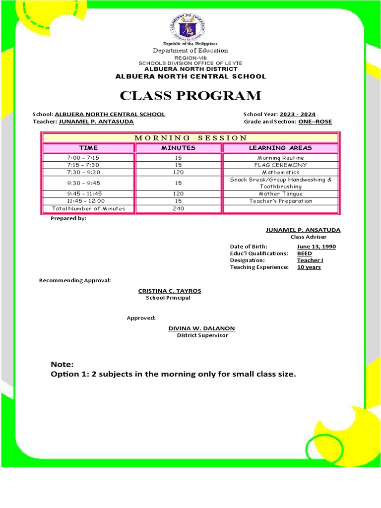 Class Program Grade 1 Option 1 | PDF