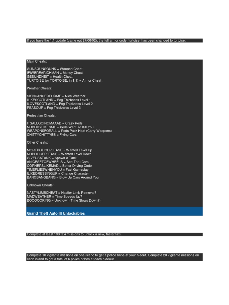 GTA 3 Cheat Codes and Unlockables | PDF | Cheating In Video Games ...