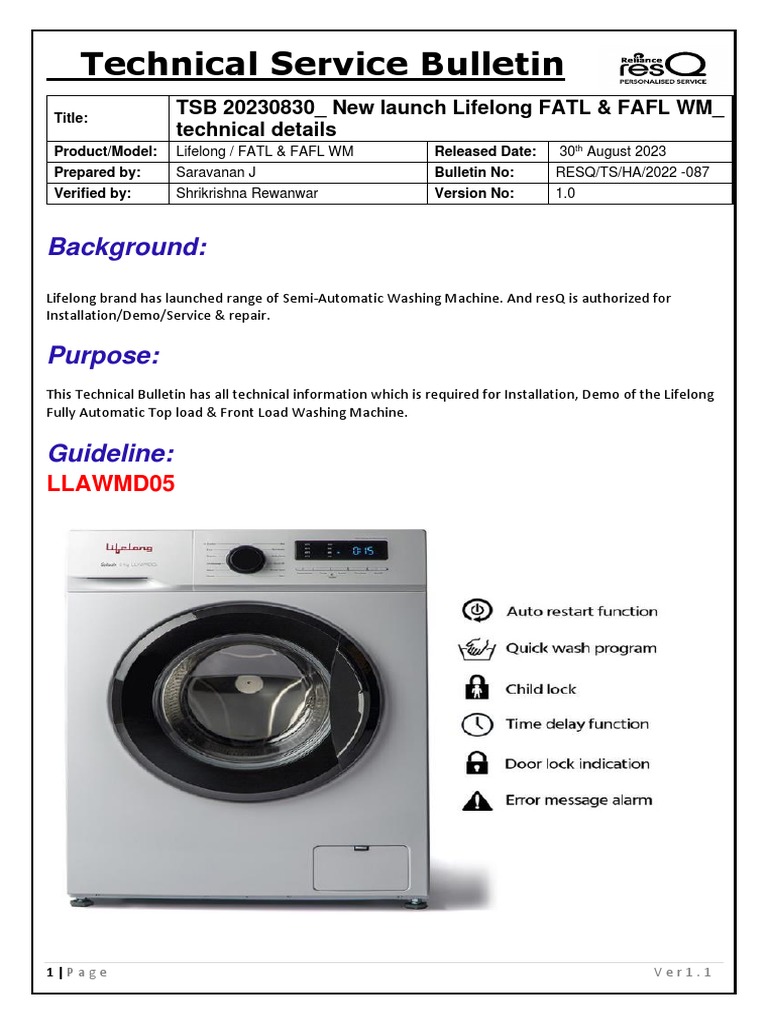 Lifelong FATL & FAFL Washing Machines Guide | PDF | Washing Machine ...
