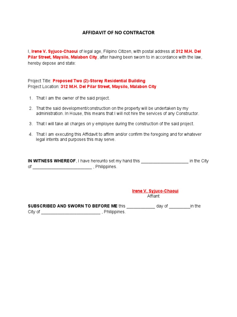 Affidavit of No Contractor for Project | PDF