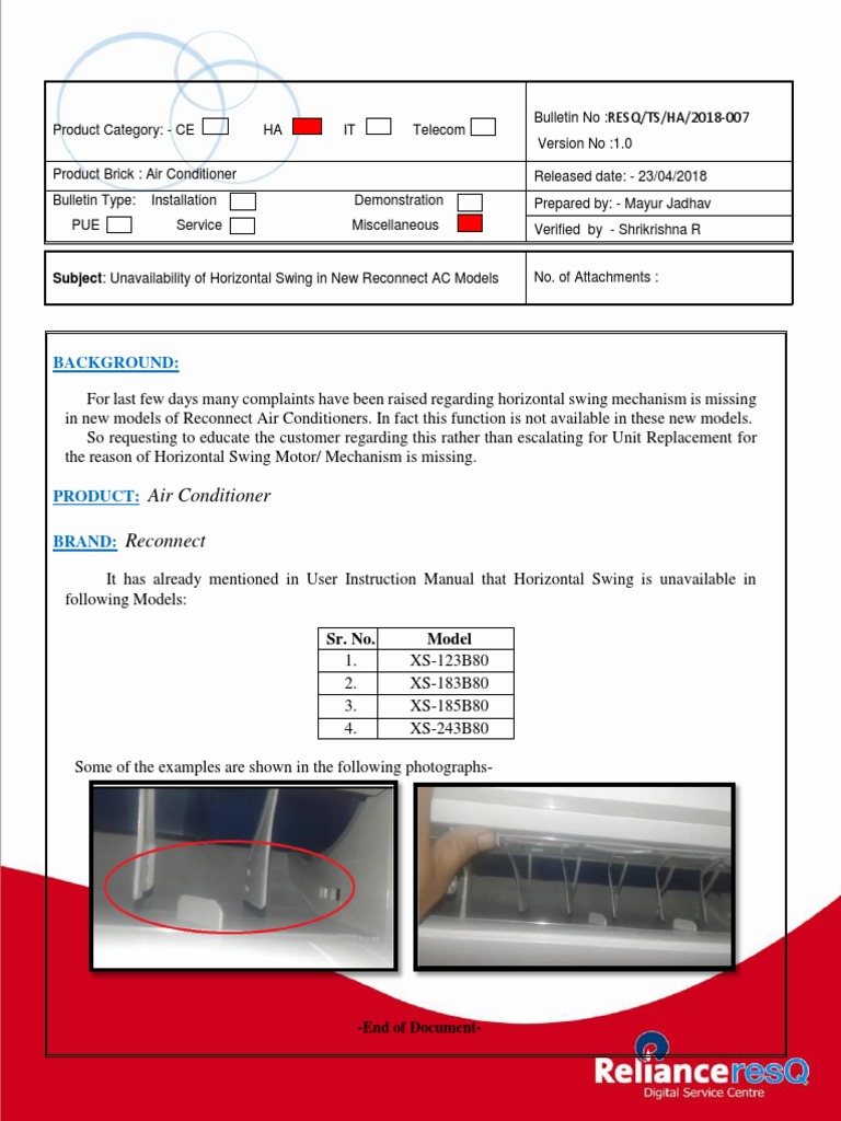 Reconnect AC Models: No Horizontal Swing | PDF