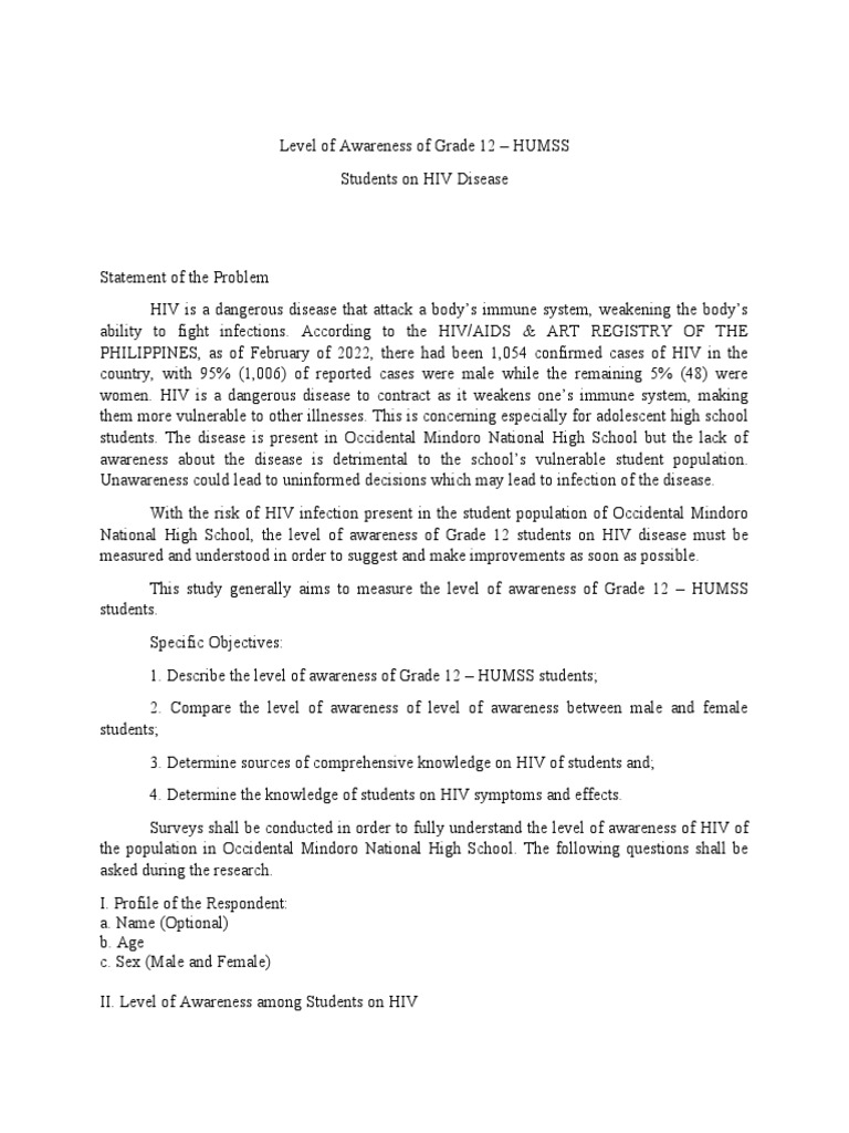 Survey Questionnaire | PDF | Hiv/Aids | Infection