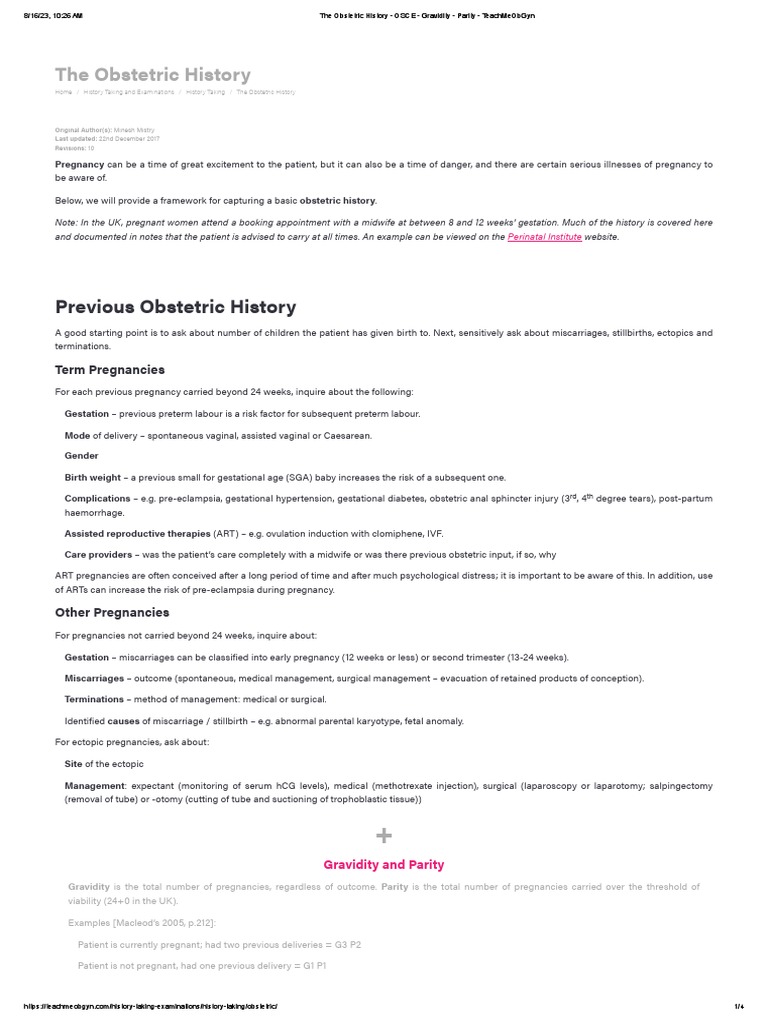 The Obstetric History - OSCE - Gravidity - Parity - TeachMeObGyn | PDF