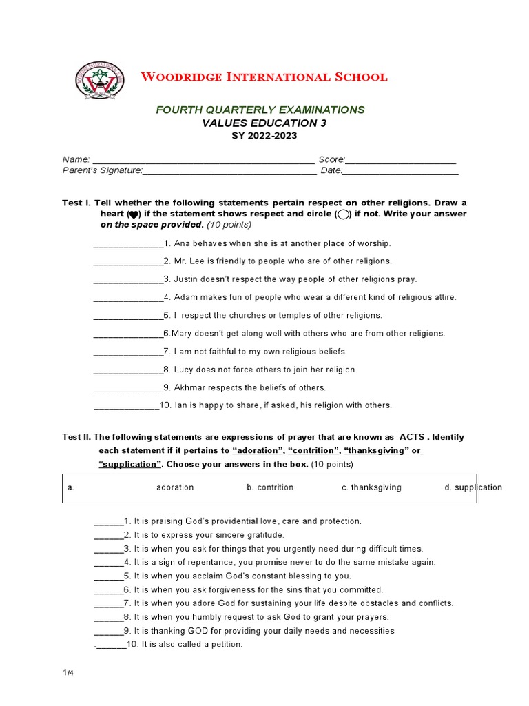 VALUES 3 TEST PAPER (4th) | PDF | Hijab | Religious Belief And Doctrine