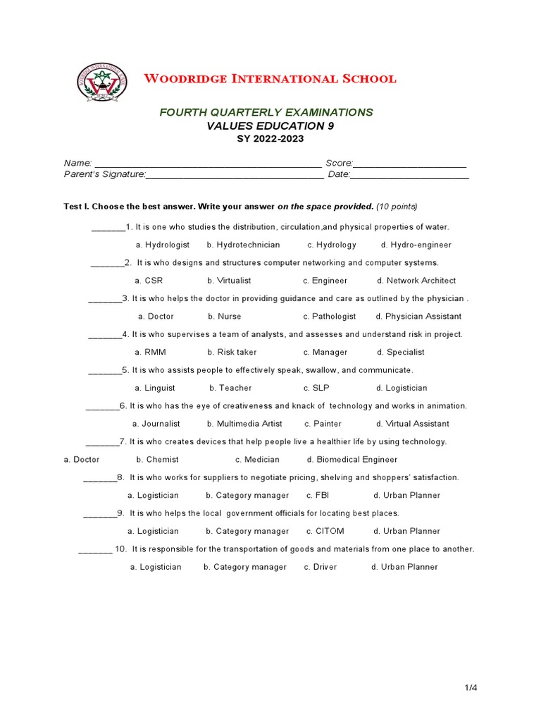 Values 9 Test Paper 4TH | PDF