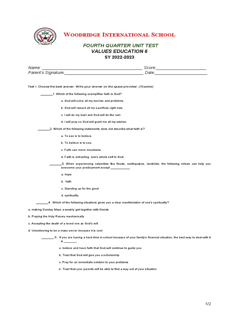 VALUES 6 Unit TEST 4th | PDF | Faith | Virtue