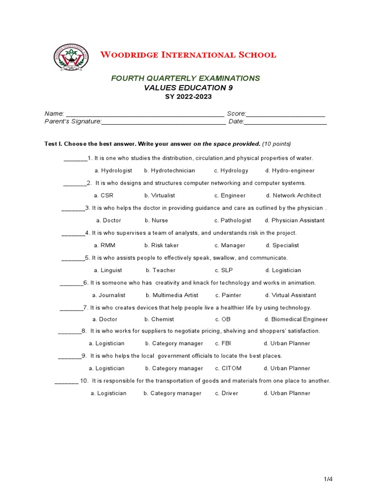 Values 9 Test Paper 4th | PDF