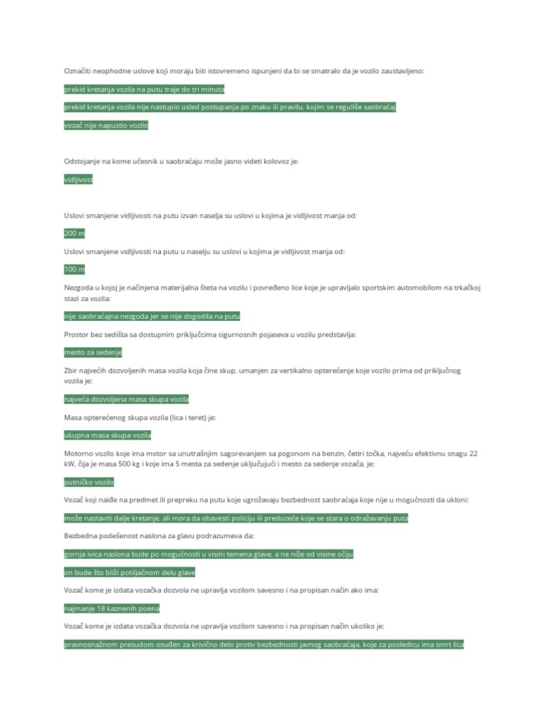 Testovi Pitanja Vozacki | PDF