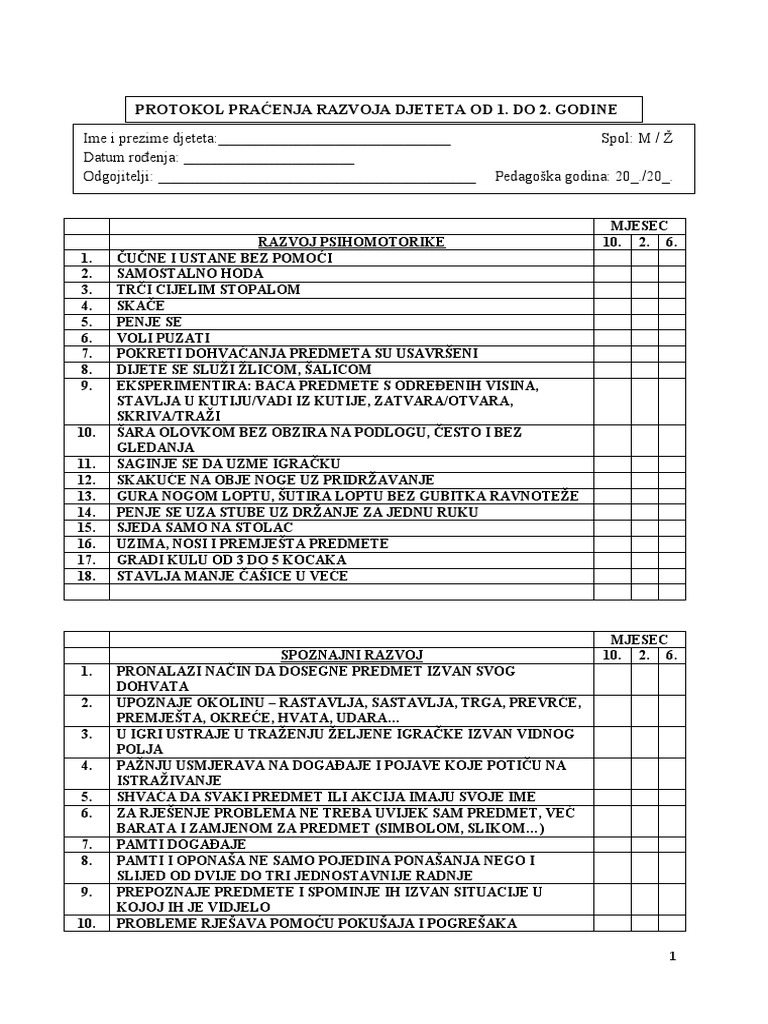 Protokol Praćenja Razvoja Djeteta Od 1. Do 2. Godine | PDF