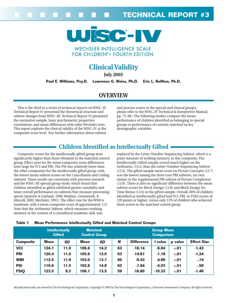 Wisc IV Technical Report 3 | PDF | Wechsler Adult Intelligence Scale ...