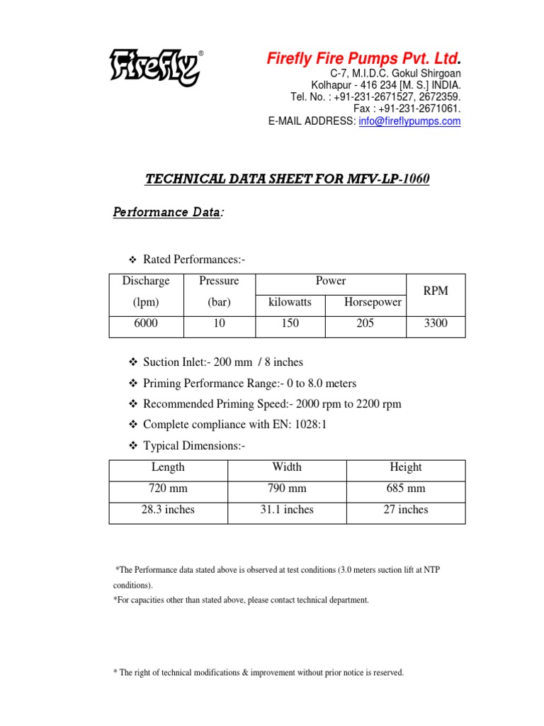 FIREFLY FIRE PUMP Mfv-Lp-1060-Technical-Data-Sheet | PDF