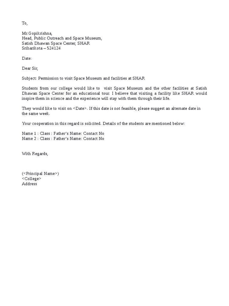 Permission Letter Visit SHAR ISRO Student | PDF