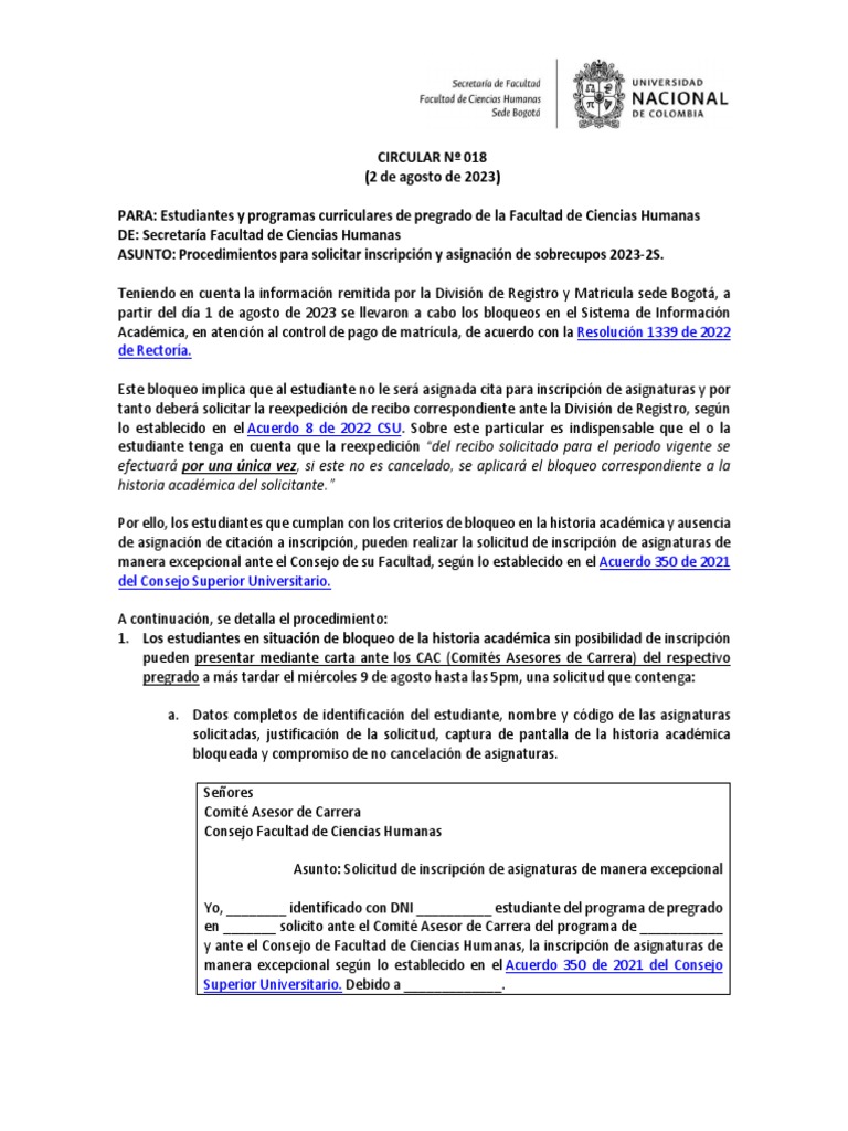 Circular 018 Procedimientos para Solicitar Inscripción y Asignación de Sobrecupos 2023-2S | PDF