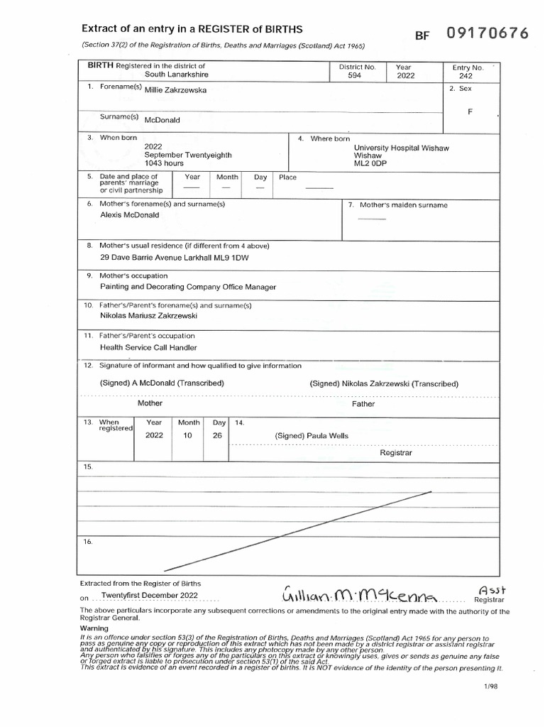 Millie Birth Certificate 1 | PDF